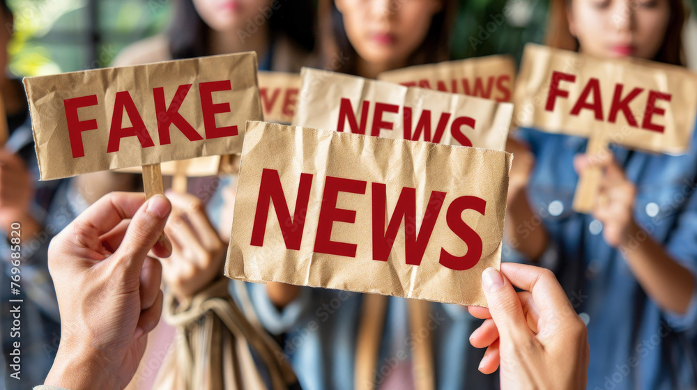 A diverse group of people passionately hold up signs denouncing fake ...