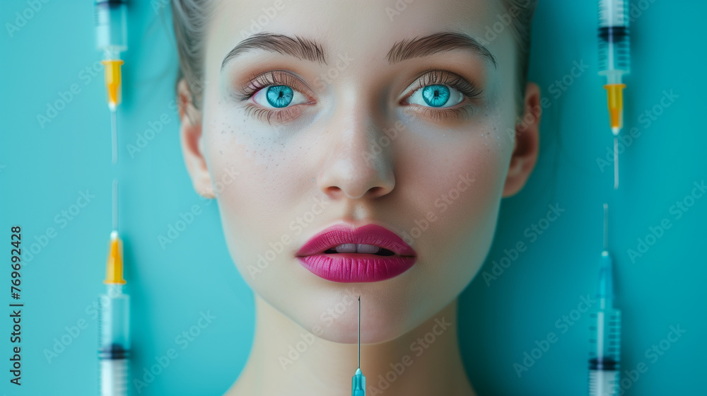 Lots of syringes with needles around a beautiful female and scared face ...