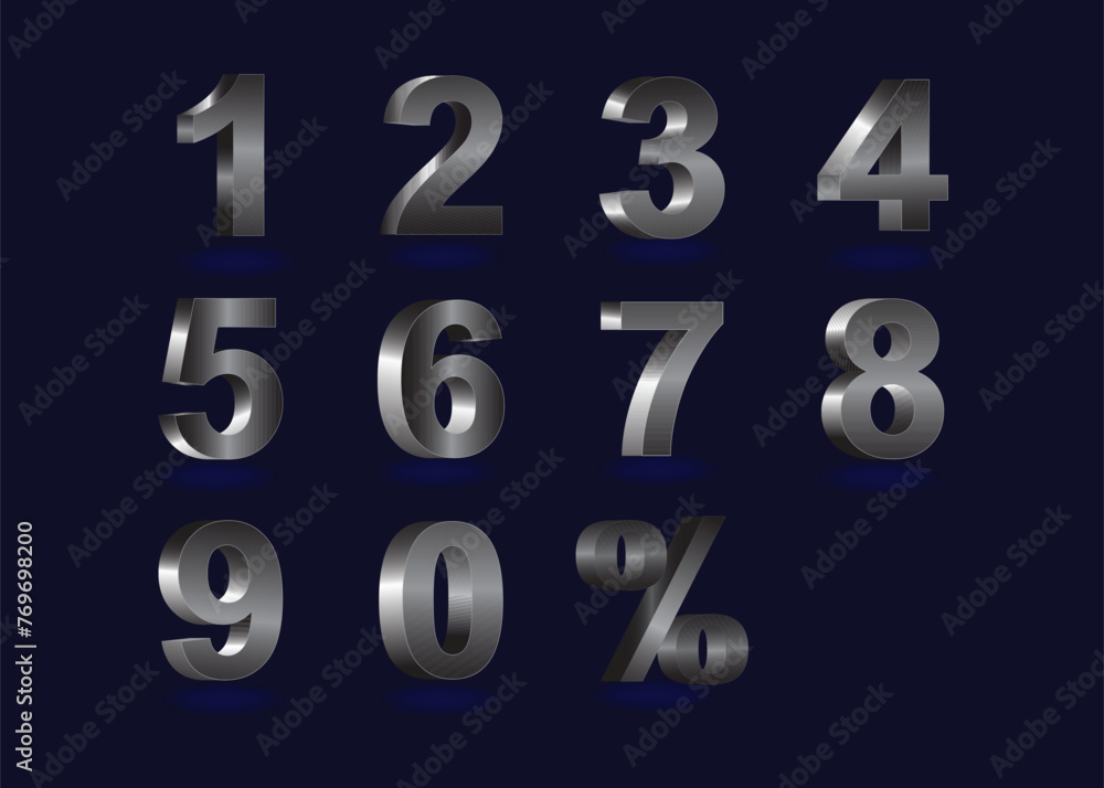 3D Vector numbers 0, 1, 2, 3, 4, 5, 6, 7, 8, 9 black and white shine ...