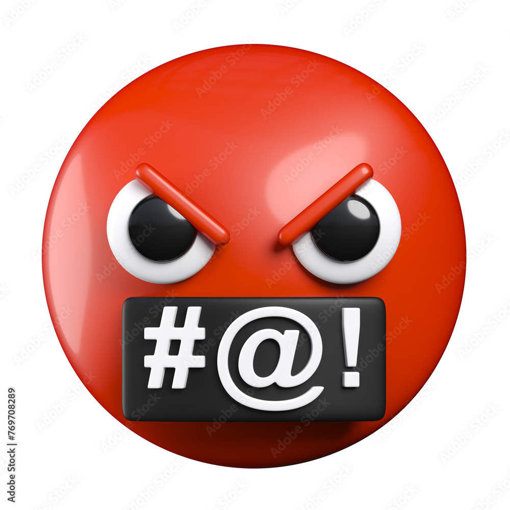 Swearing face emoji, face with symbols on mouth emoticon 3d rendering ...