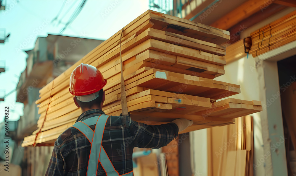 handsome man shirtless Transporting wooden boards construction worker ...