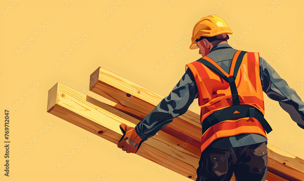 handsome man shirtless Transporting wooden boards construction worker ...