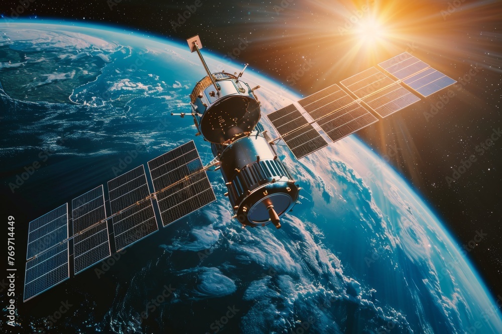 Space satellite with solar panels orbiting earth, sun background ...