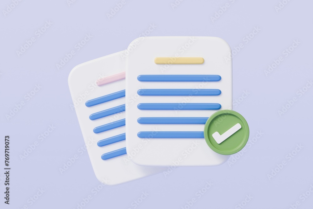 3D Minimal Business documents note paper with checkmark or tick mark icon. Sheets of paper ...