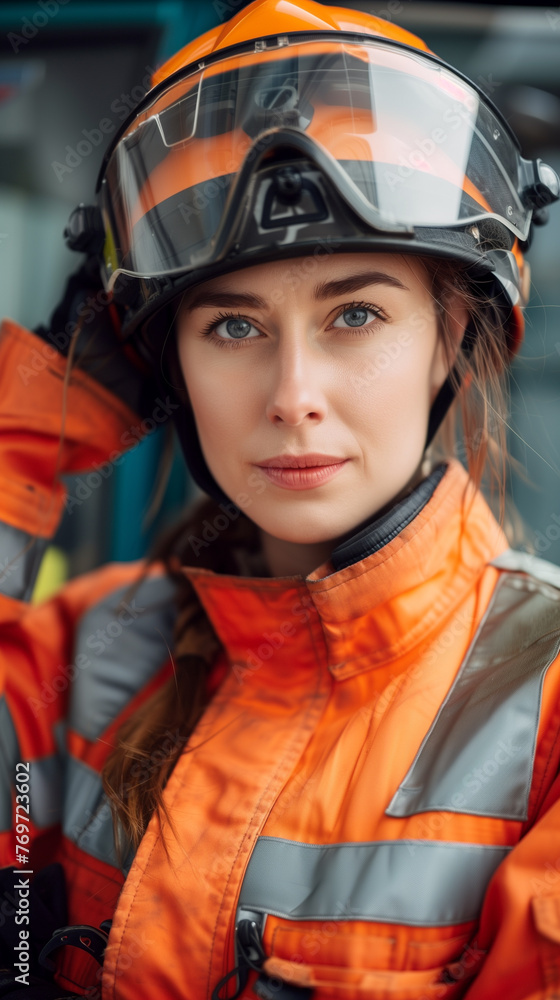 Close-up portrait of a mid-adult female first responder with serious ...