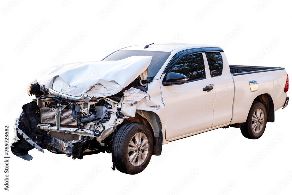 Car crash, Front and Side view of white pickup car get hard damaged by ...