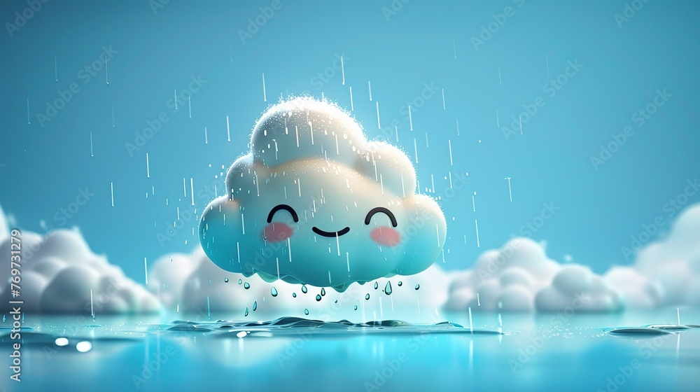 3d illustration of cute little rain cloud cartoon character. digital AI ...