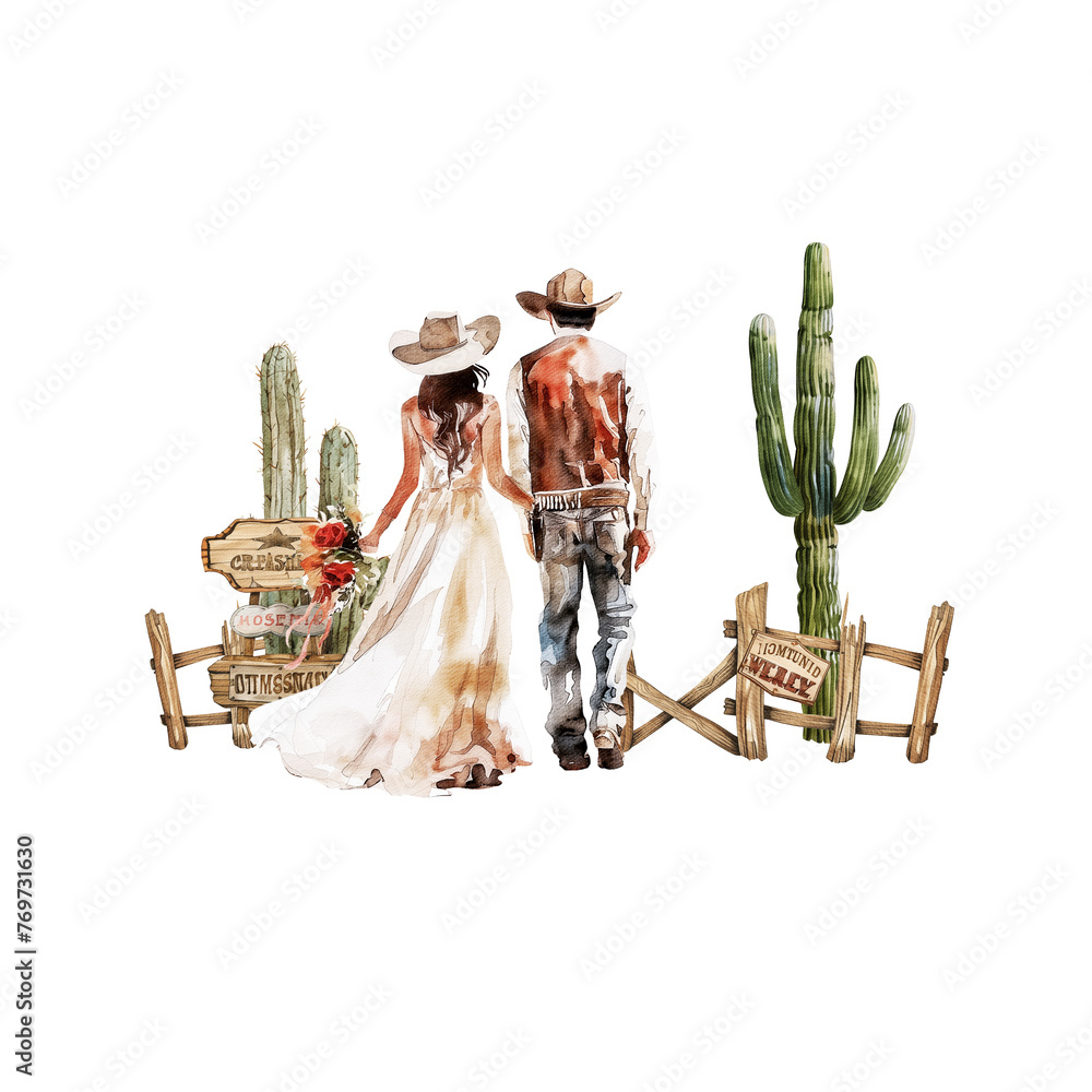 Watercolor wild west set. Beautiful western wedding with cowboy, girl ...