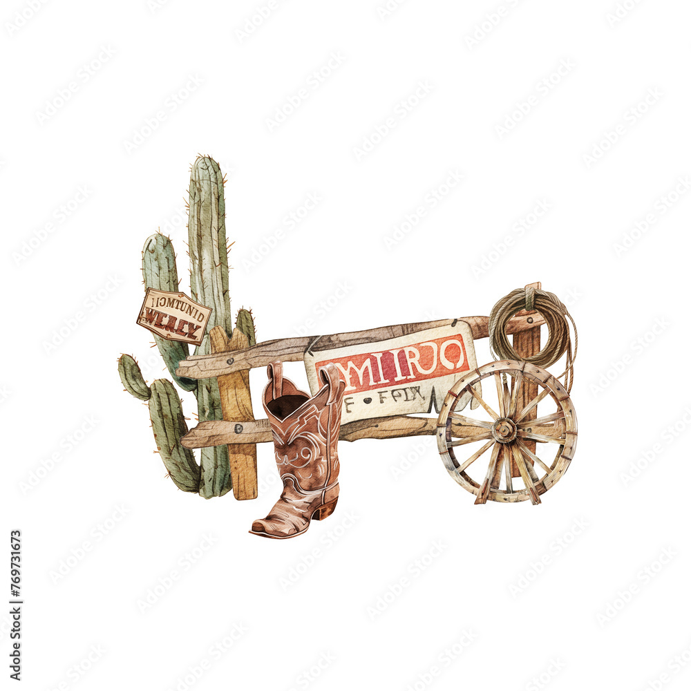 Watercolor wild west set. Western farm composition with cactus, cowboy ...