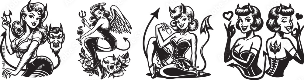 Devil girls pin-up vector graphics collection Stock Vector | Adobe Stock