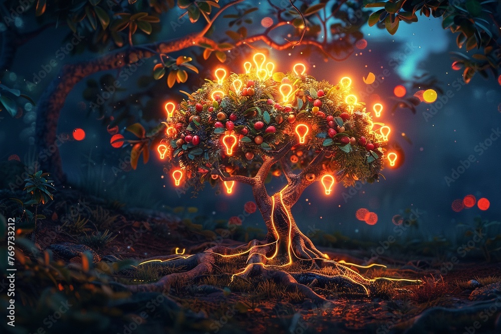 Wisdom tree neon light bulb as fruit roots and branches intertwined ...