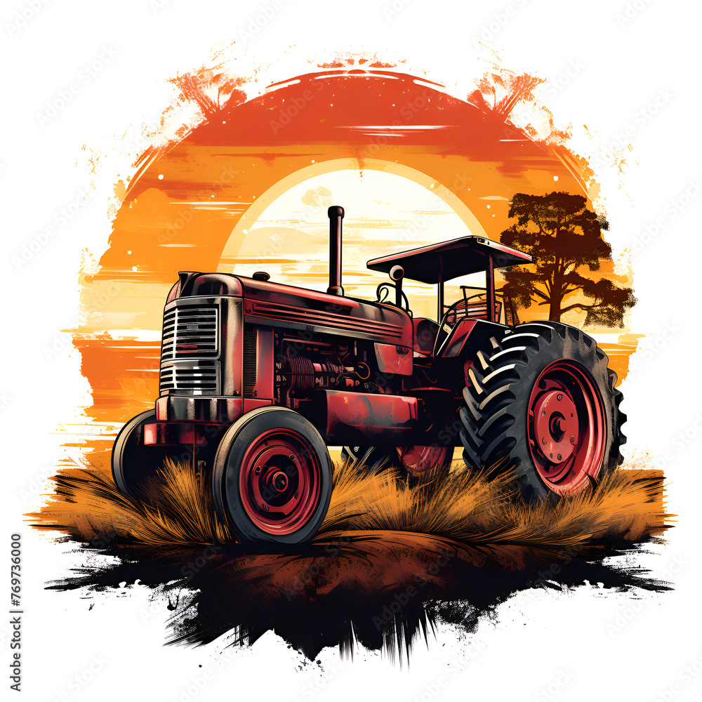 A vintage tractor at sunrise, striking, warm color palette dominated by ...