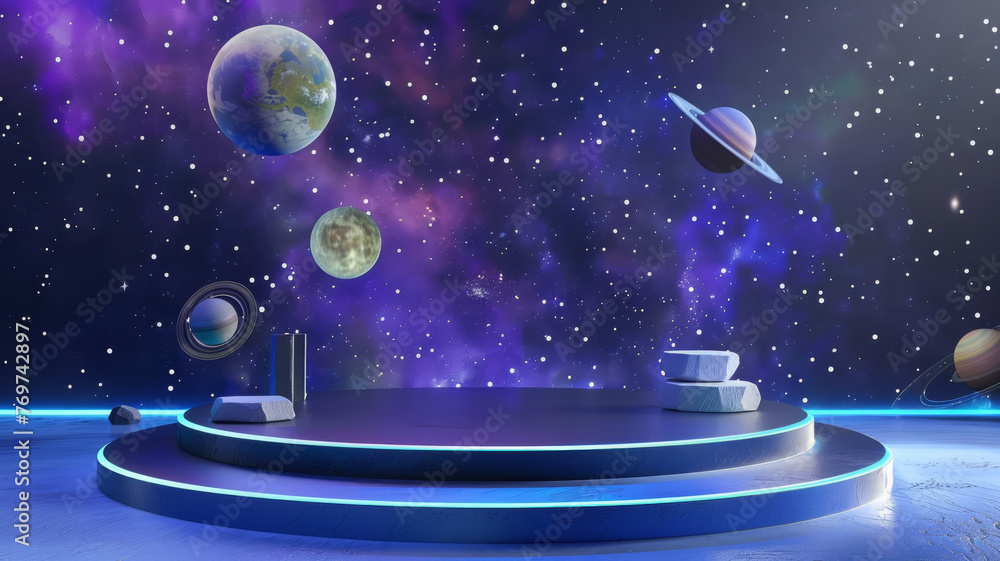 Space-themed podium with stars and planets backdrop, for astronomy gear ...