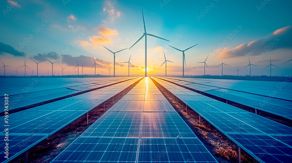 Solar cell plant and wind generators under blue sky on sunset ...