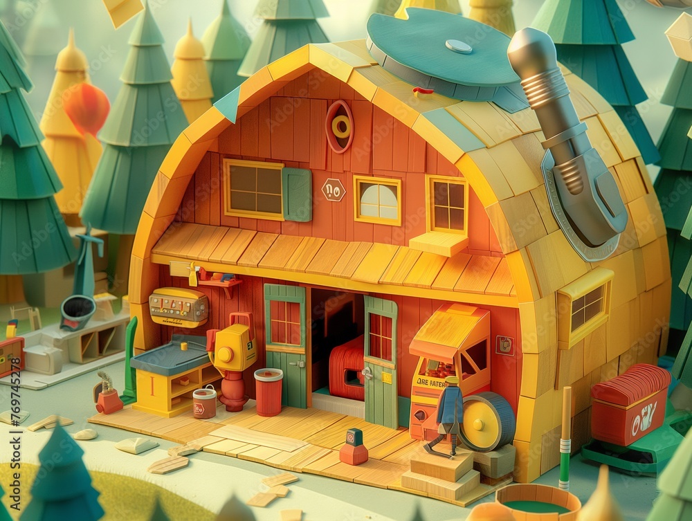 A cartoonish house with a barn and a man walking in front of it. The ...