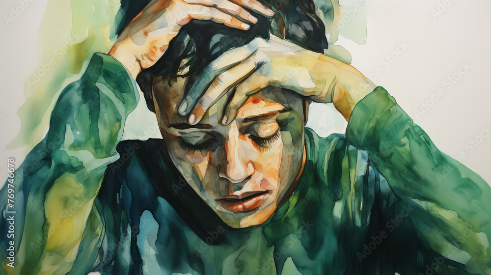 Digital oil painting and watercolour of a young man suffering with ...