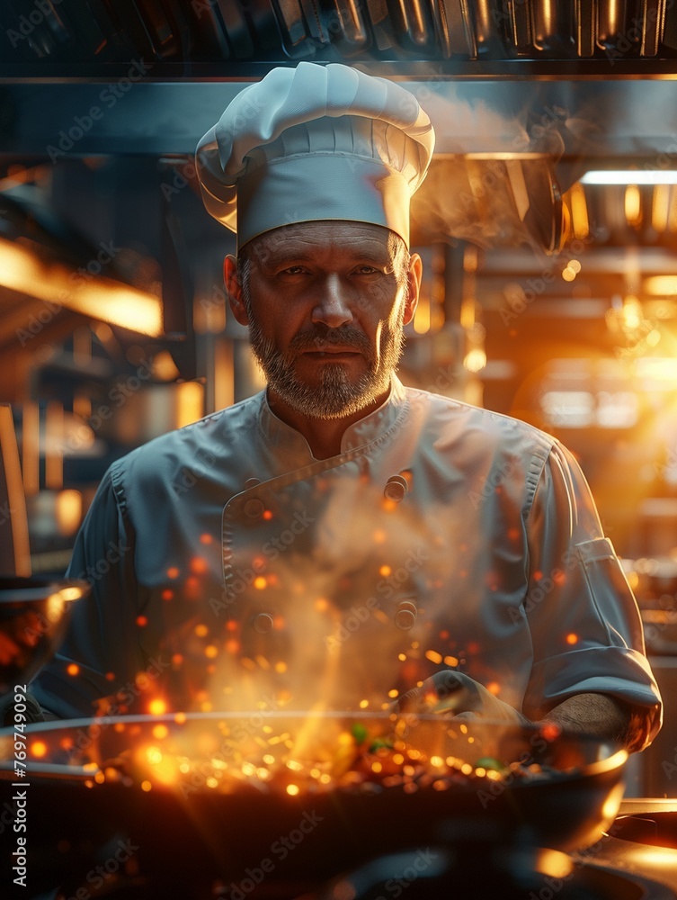 Celebrity chef, stylish uniform, known for innovative recipes, facing ...