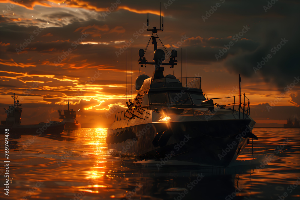 Ship boat at sunset. Soldiers detachment large-scale army exercise to ...