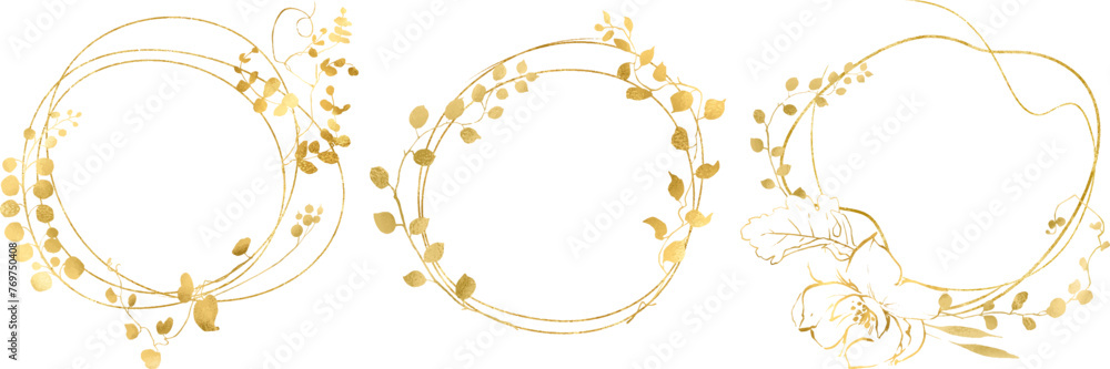 Linear vector gold floral wreaths, Design for invitation. Gold frame ...