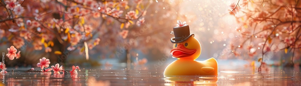 Giant rubber ducky wearing a top hat, floating in a crystal clear pond ...