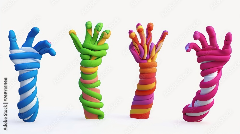 3d rendering, set of funny cartoon character tangled and spiral hands ...