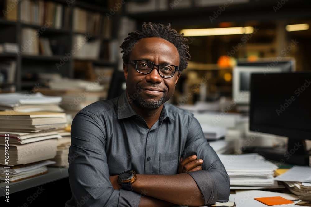 A high quality image depicting a confident young black teacher with ...