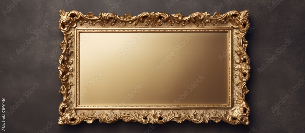 An antique gold picture frame, made of metal and in a rectangular shape ...