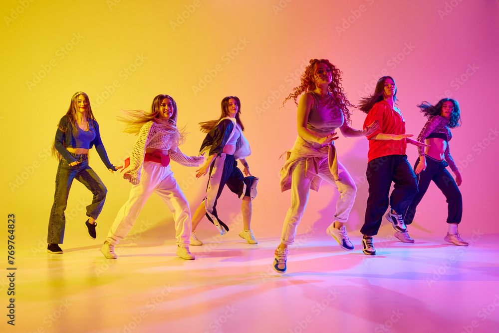 Talent show. Young women, group of artistic female dancers, woman ...