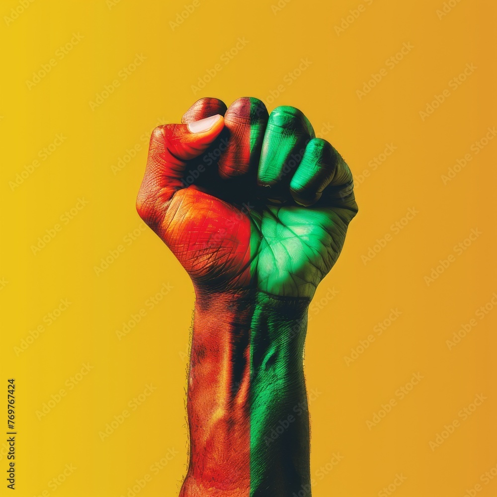 Raised fist painted with the colors of the Pan-African flag symbolizing ...