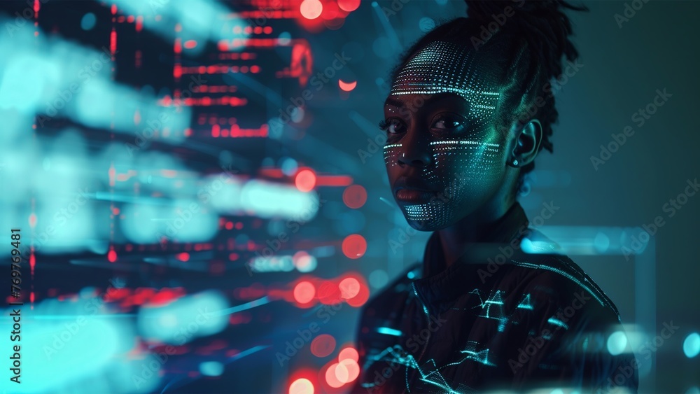 Black woman cyber security expert. With AI code illusminated overlay ...