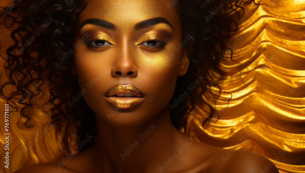 Black woman with gold makeup beauty fashion concept. Salon ethnic ...