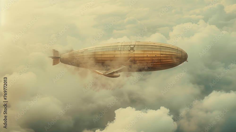 Vintage Airship Floating in Cloudy Sky. Vintage airship floats among ...
