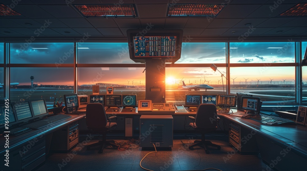 Airport Control Tower at Sunset with Airplanes. The setting sun casts a ...