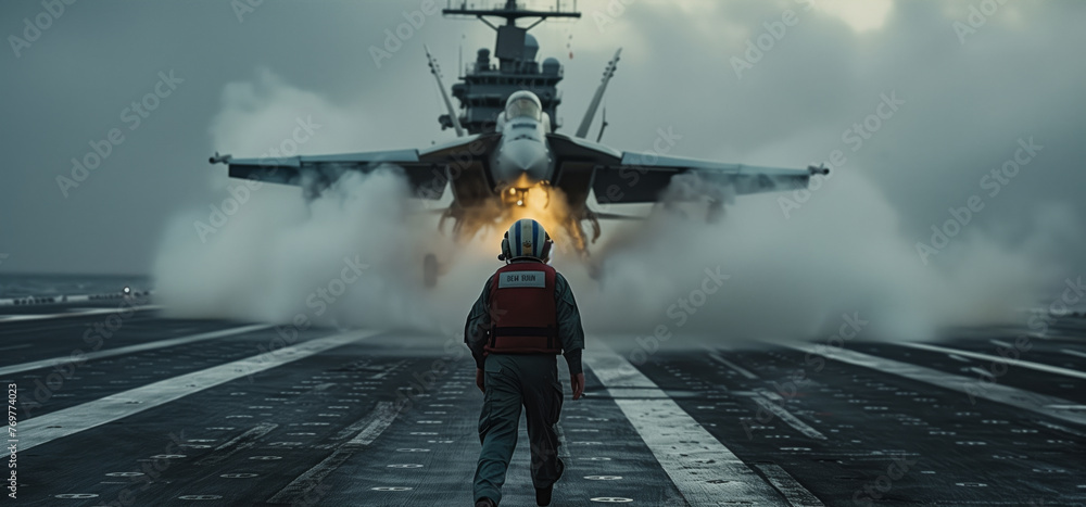 Pilot Approaches Jet on Aircraft Carrier for Takeoff. Solitary pilot ...