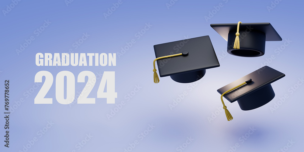 3d illustration of word graduation with graduate caps on blue ...