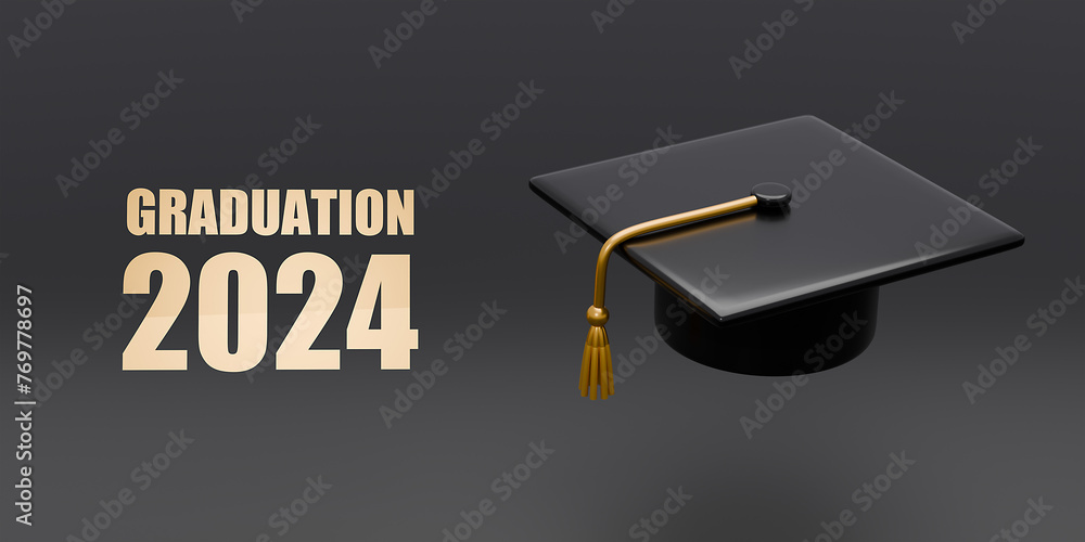 3d illustration of word graduation with graduate caps on dark ...