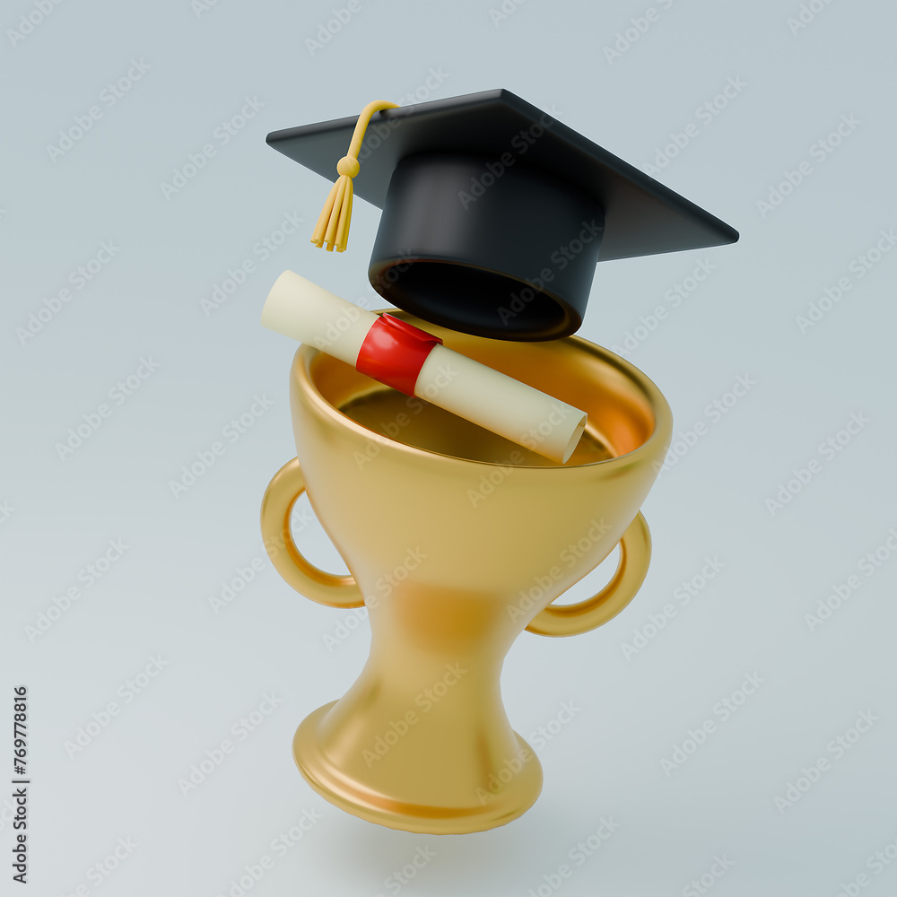 3d illustration of word graduation with graduate caps on white ...