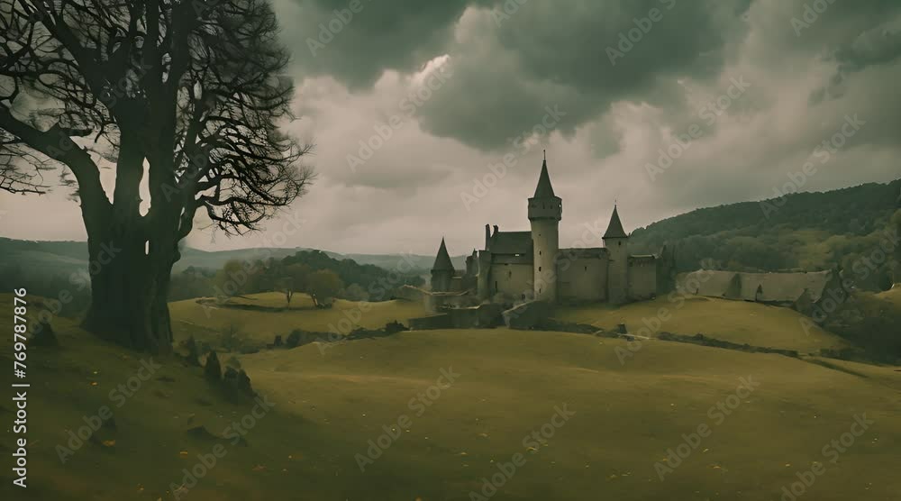 In the heart of a rugged landscape stands a majestic medieval castle ...