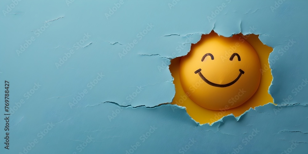 a cheerful smiley sun-like character breaking through a cracked or ...