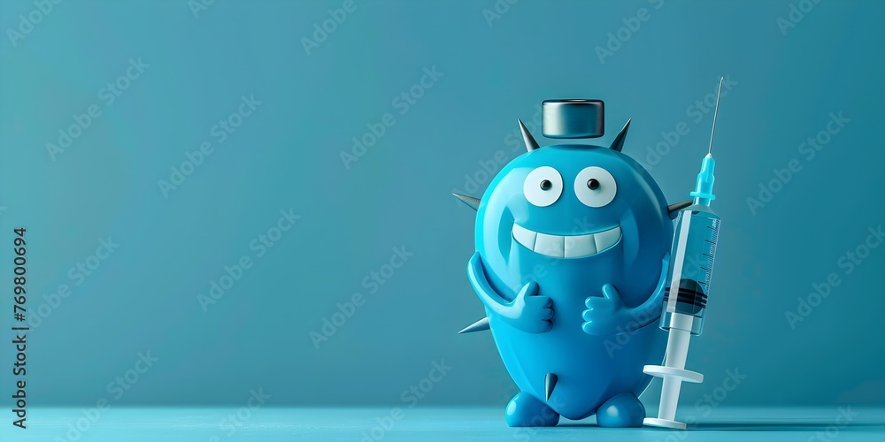 An illustrated cartoon character in the shape of a vaccination syringe ...