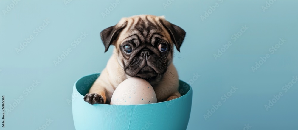 Pug puppy obscured face holding a spotted Easter egg - The image shows ...