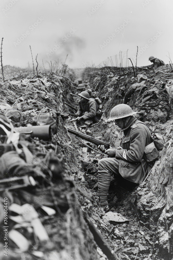 World War One trench battle, a soldier with a rifle crouching in the ...