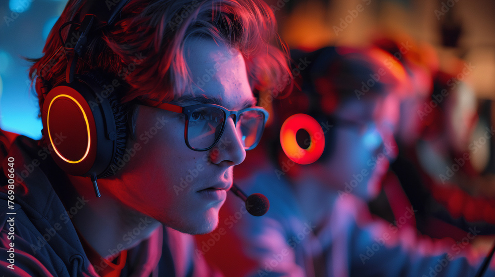 a handsome gamer guy gaming on his pc computer console with keyboard ...