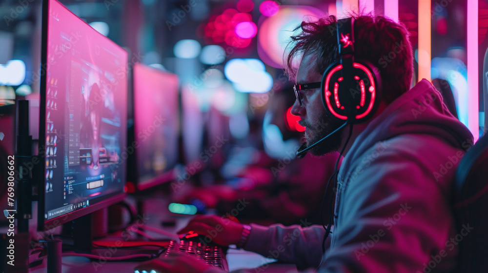 a handsome gamer guy gaming on his pc computer console with keyboard ...
