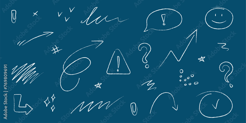 Hand drawn doodle vector set. Smile, arrow, star, scribble, question ...