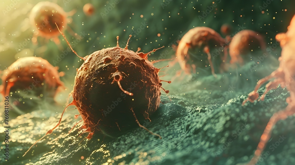 Microscopic view of chemotherapy drugs targeting cancer cells in a ...