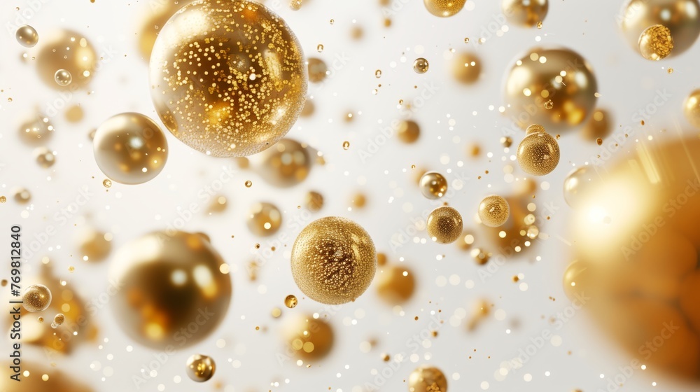 Golden spheres on white background. Abstract illustration, flying ...