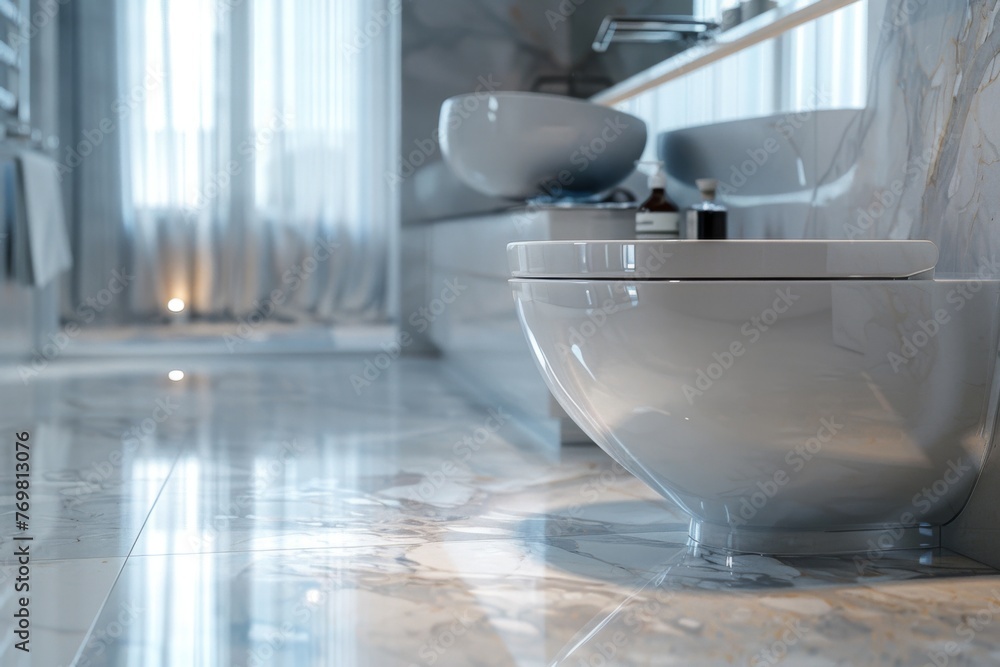 Detailed shot of a high-end toilet in a modern bathroom with clean ...