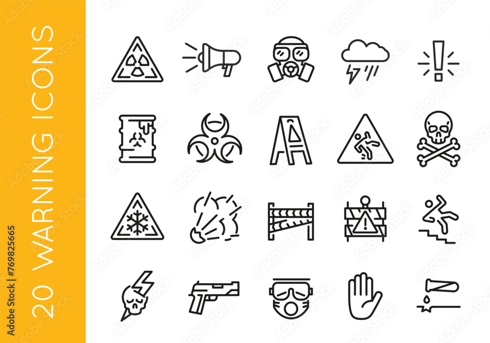 20 icons of warning pictograms like radiation, toxic waste, electrical ...