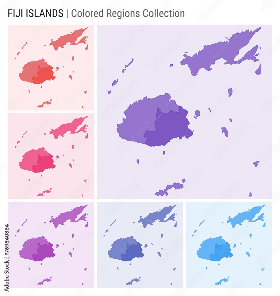Fiji map collection. Country shape with colored regions. Deep Purple, Red, Pink, Purple, Indigo ...
